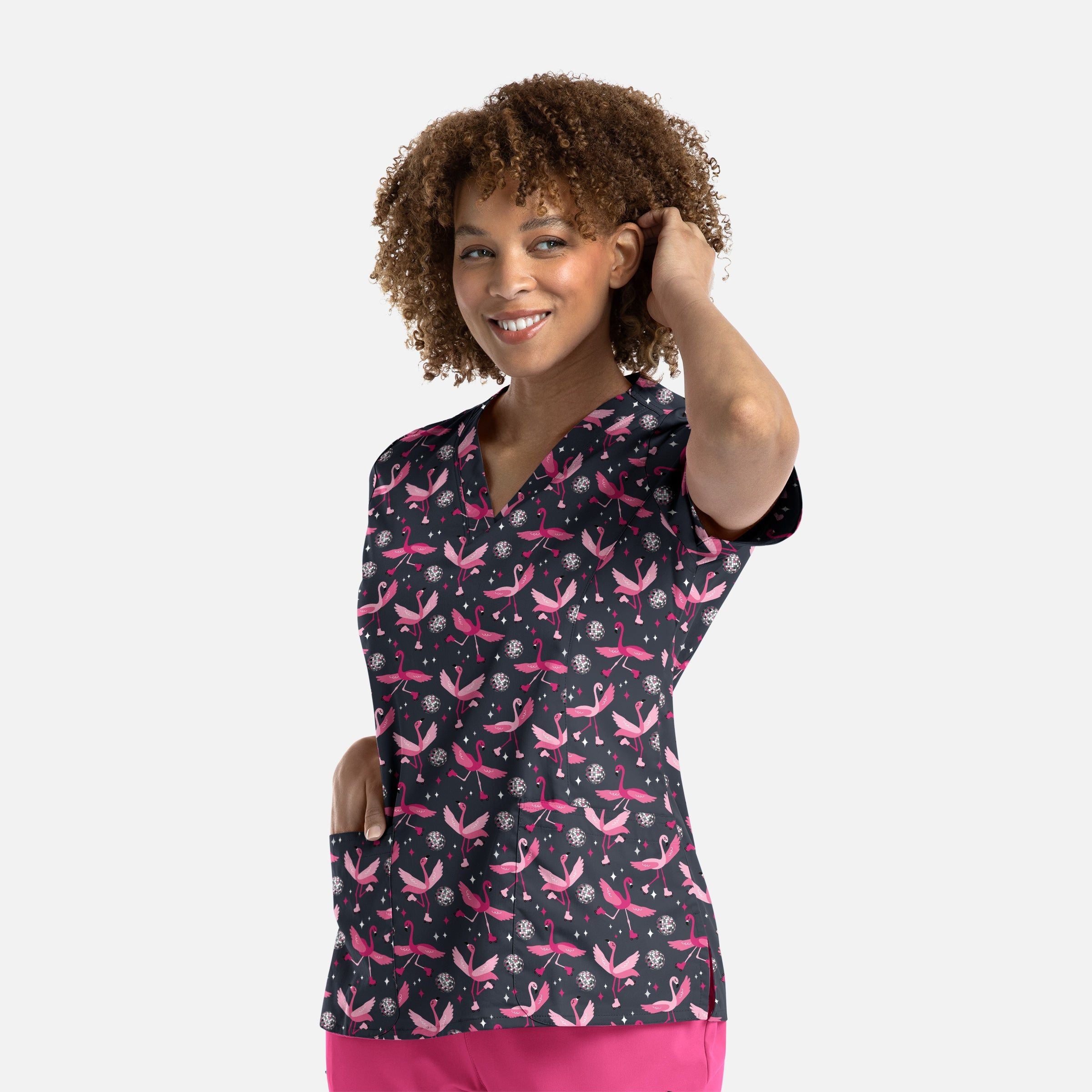 Printed Curved V-Neck Top – AP-UNIFORMS